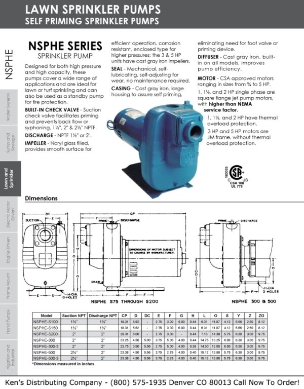 Monarch NSPHE-S200 Series Sprinkler Pump & Repair Parts | Ken's Distributing Company